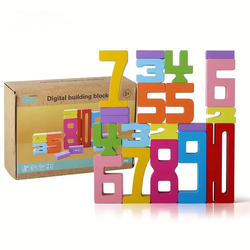 Holzklötze in Form von bunten Zahlen, mit denen Kinder das Zählen u...